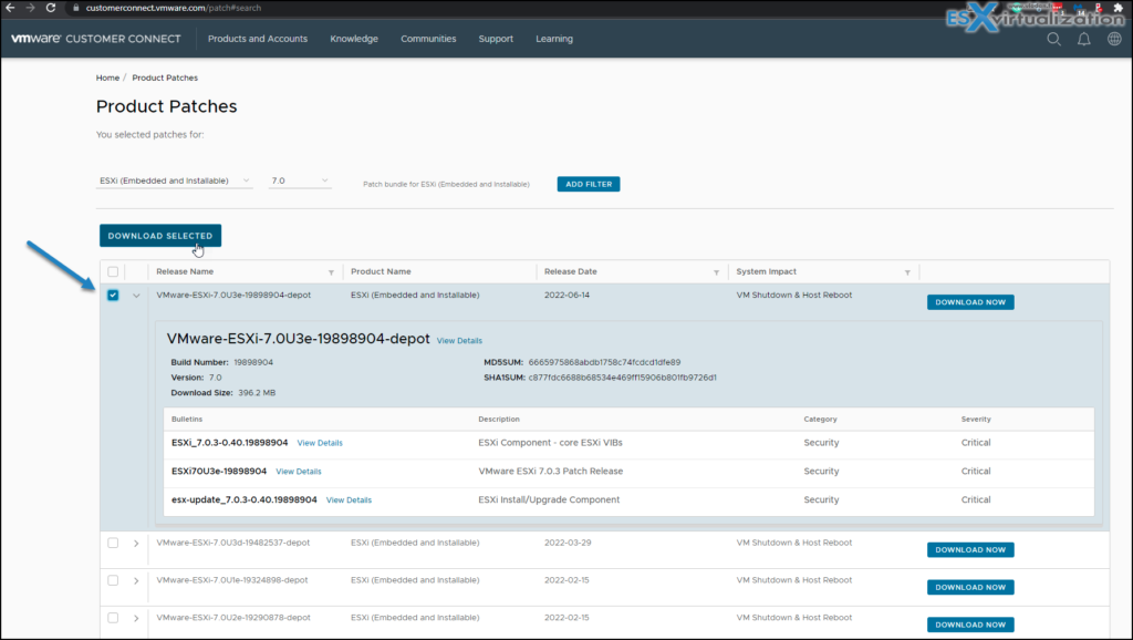 Patch Standalone Vmware Esxi 7 To 7u3e Latest Version Esx Virtualization