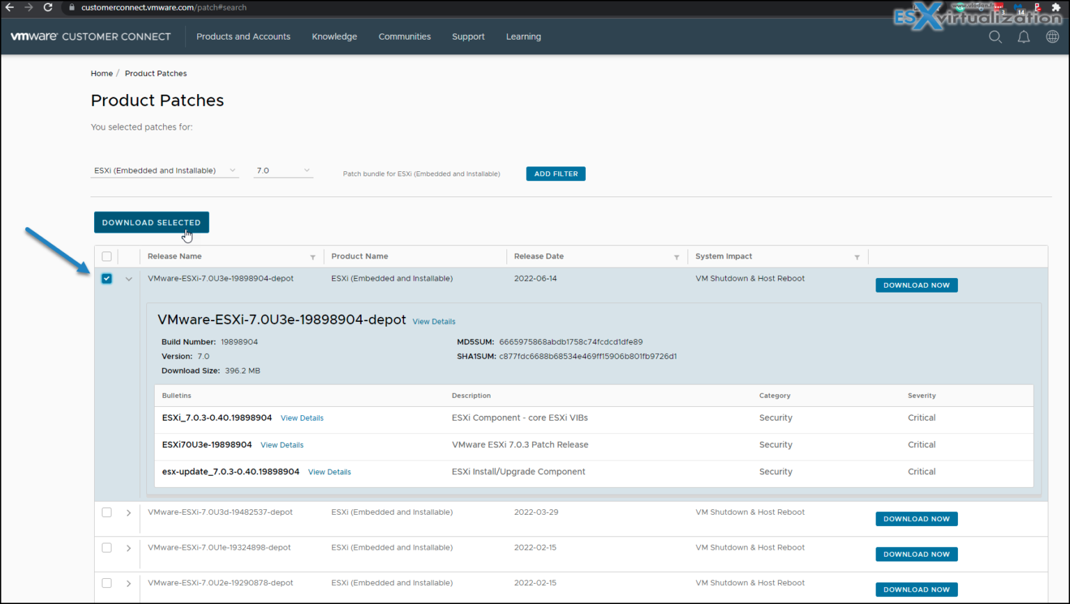 Patch Standalone Vmware Esxi 7 To 7u3e Latest Version Esx Virtualization