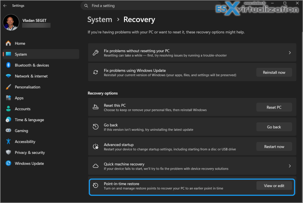 Microsoft Windows 11 Point-in-Time Restore Feature - ESX Virtualization