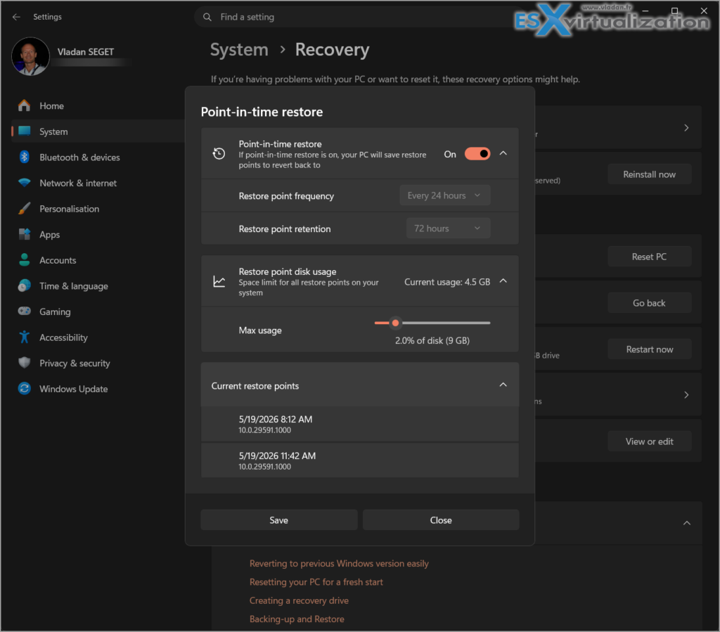 Microsoft Windows 11 Point-in-Time Restore Feature - ESX Virtualization