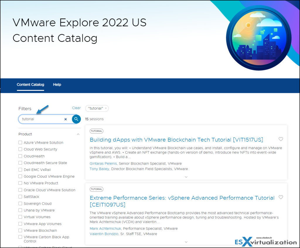 Tutorial Sessions in the Content Catalog VMware EXPLORE 2022 - ESX Virtualization